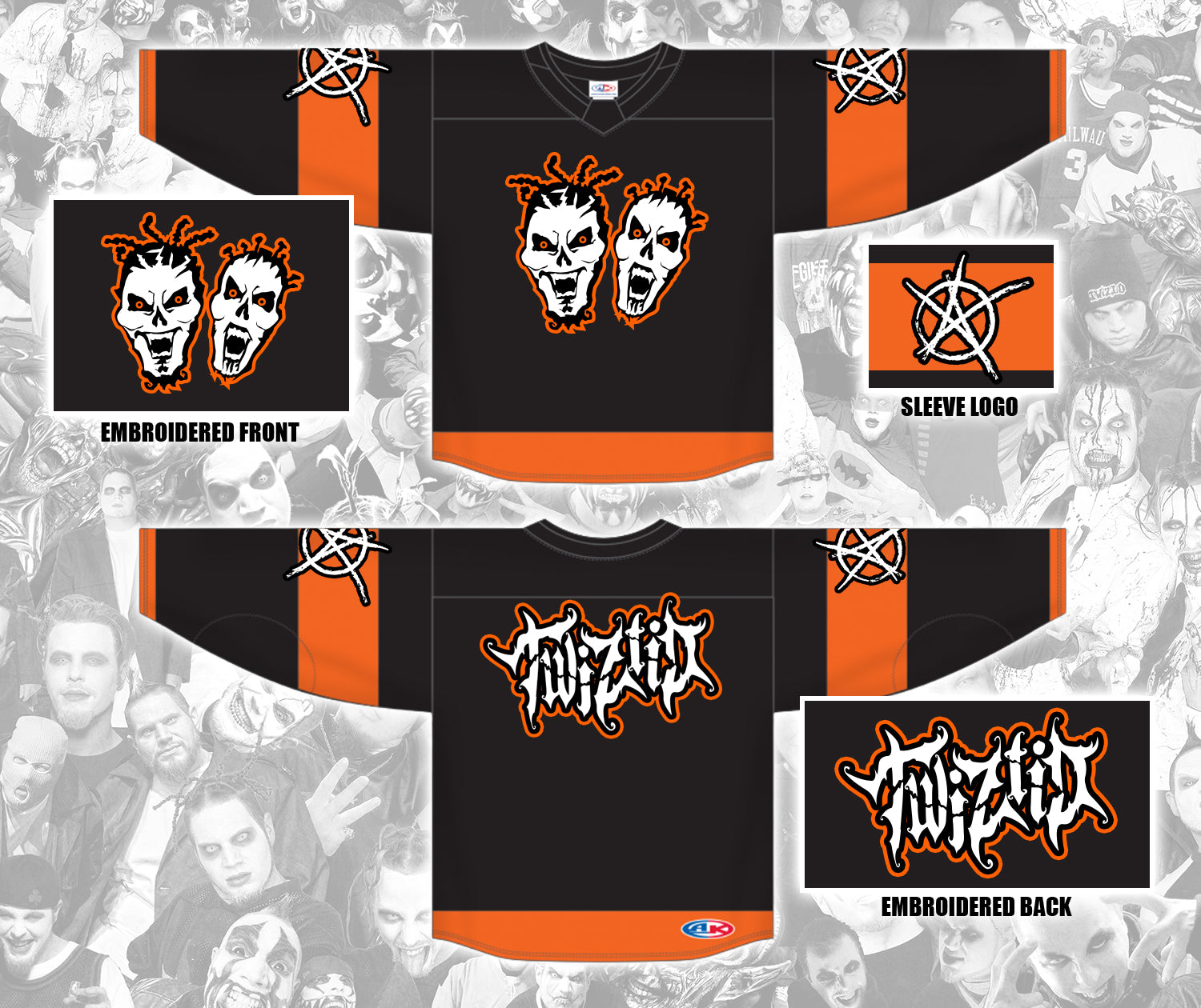 Twiztid Black & Orange Abominationz Skull Faces Embroidered Hockey Jer – MNE Store